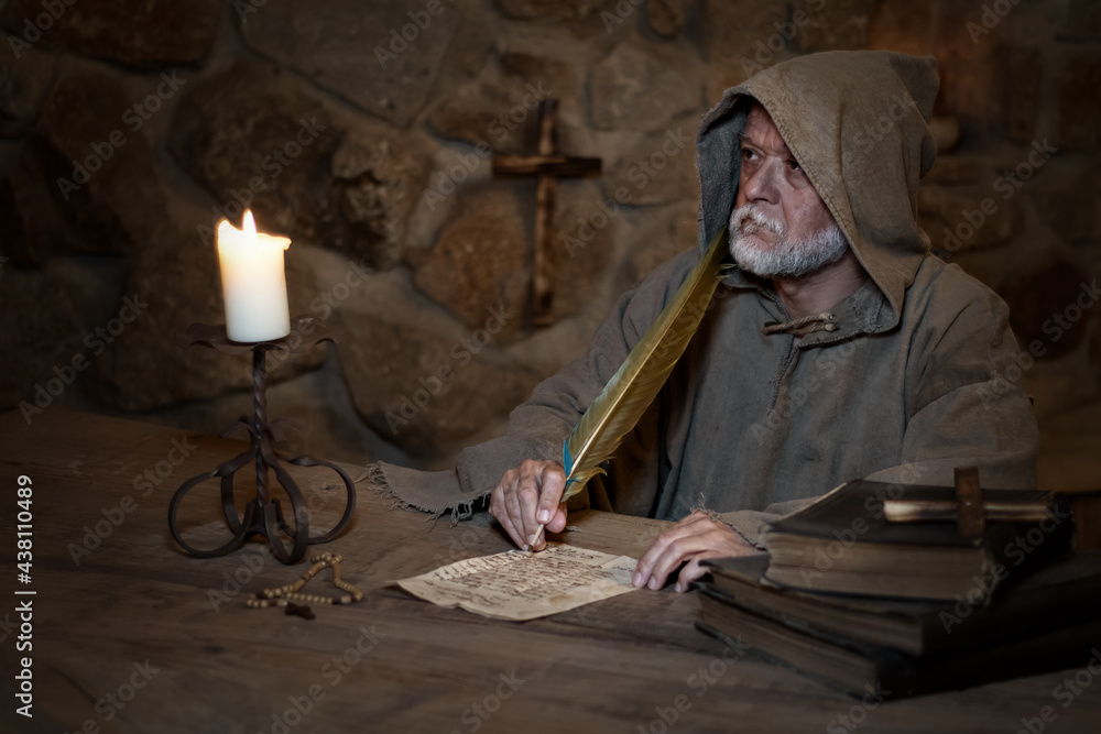 Poster Old monk writes letters in a medieval monastery – Tableau ...