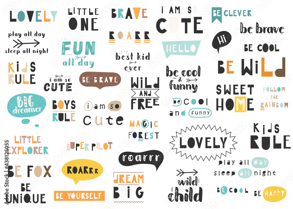 Set of hand drawn kids quotes, phrases and words for nursery posters ...