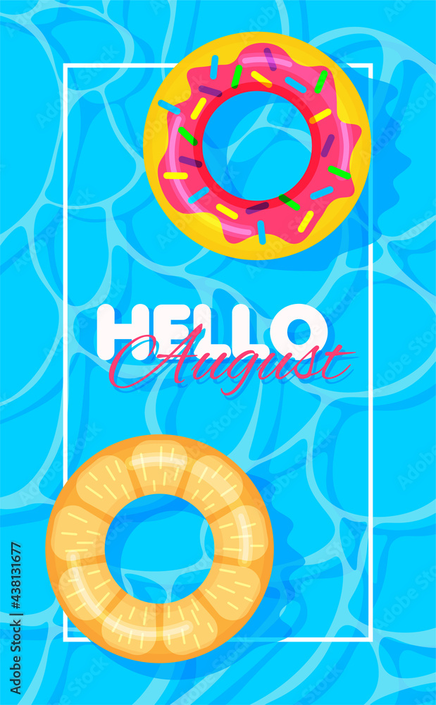 Swimming pool summer background with donut and orange print lifebuoys ...