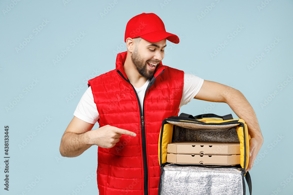 Delivery employee man in red cap white T-shirt vest uniform work dealer ...