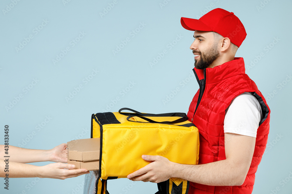 Delivery employee man in red cap white T-shirt vest uniform work dealer ...
