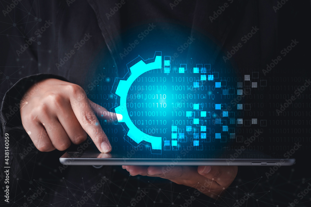 Digital transformation concept. Hand holding tablet r digital modern ...