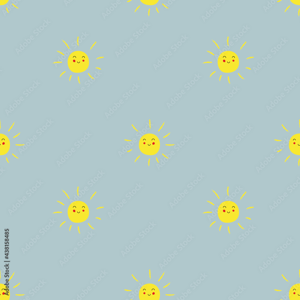 Smiling yellow sun with pink cheeks seamless pattern. Great for print ...