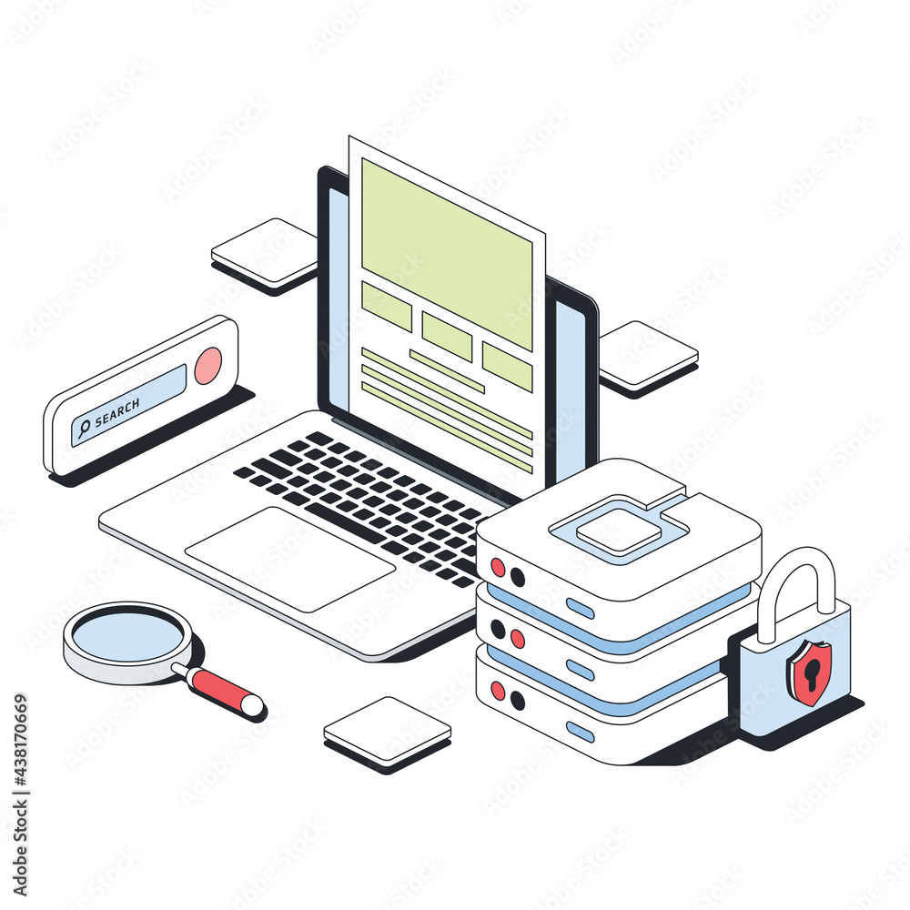 Server Database Security Shield Lock Search Magnifier Website