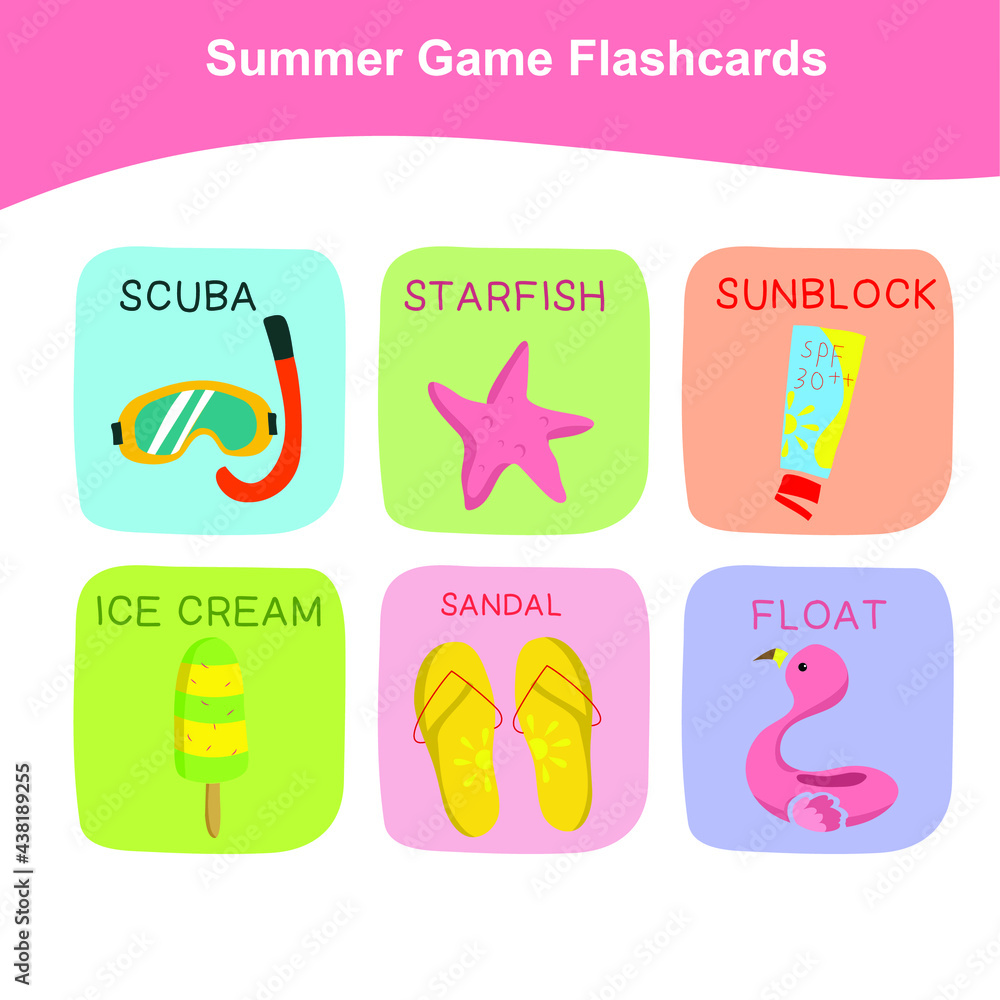 Summer Game Flashcards for Preschool Children. Cute flashcards for kids ...