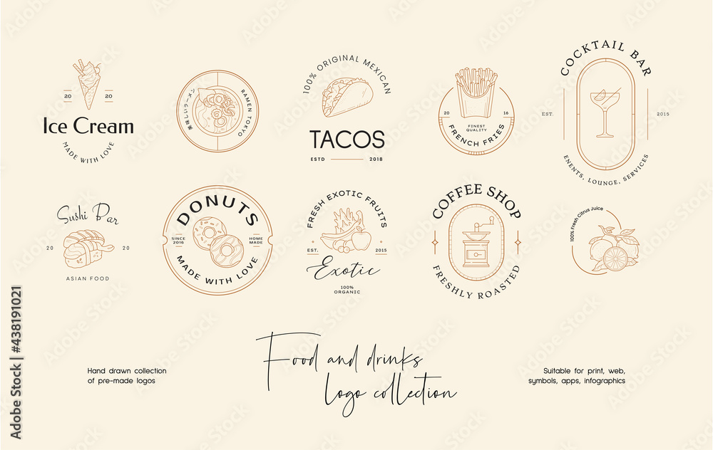 Hand drawn food pre-made logo design template collection. Graphic icon ...