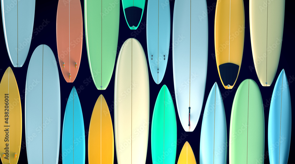 Top view of different surfboards side by side and facing each other in ...