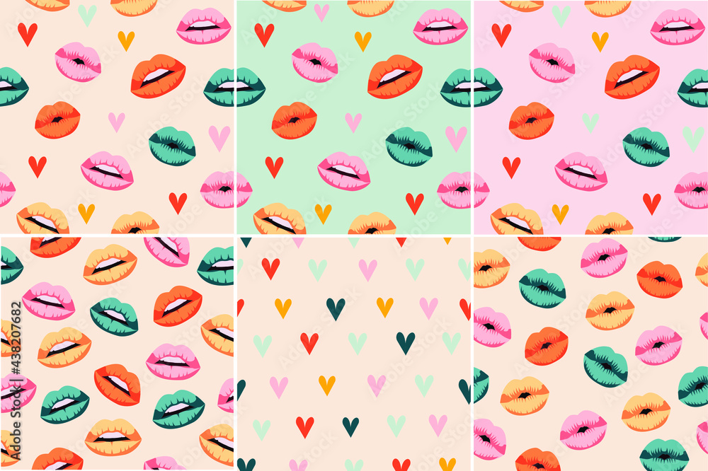 Woman lips kisses seamless pattern collection. Shades of lipstick and ...
