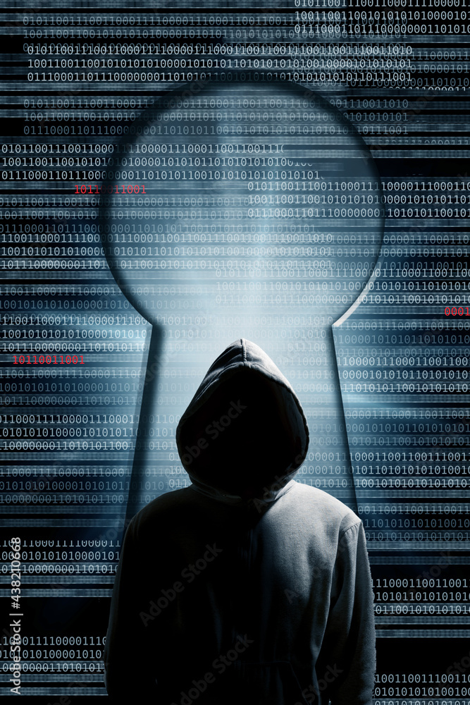 mysterious hooded man with code and a keyhole, hacker and cybercrime ...