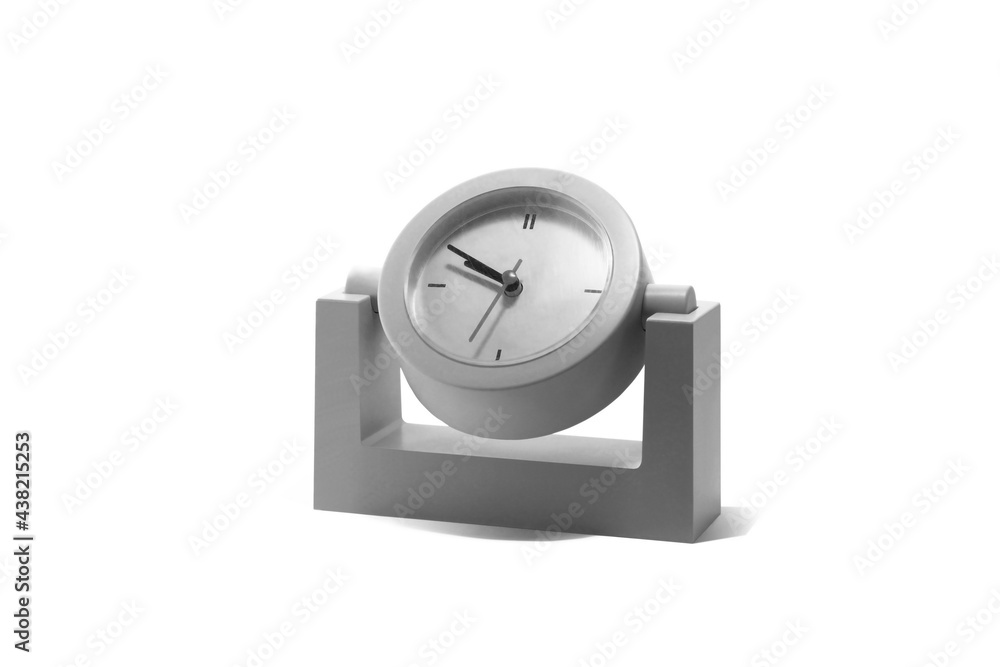 Black and white image of old classic round table clock isolated on ...