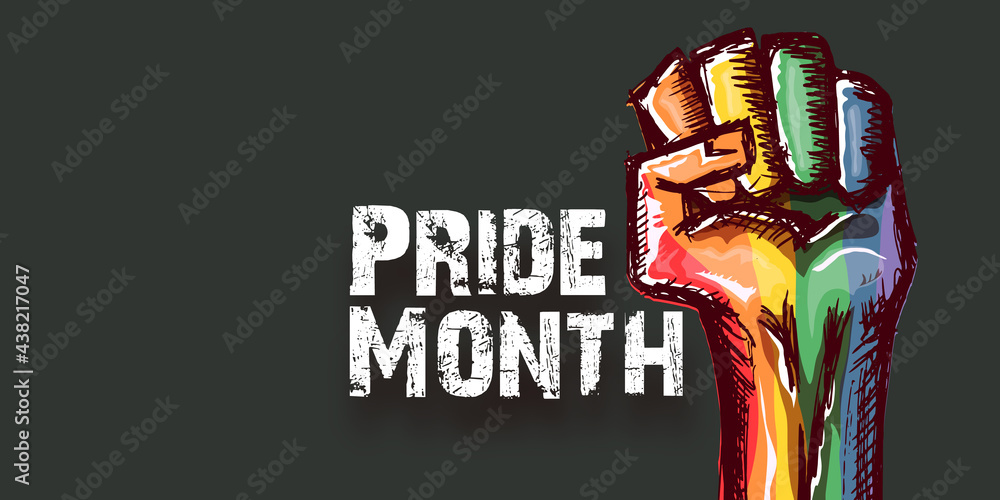 Vecteur Stock Happy pride month horizontal banner with Rised LGBT fist ...