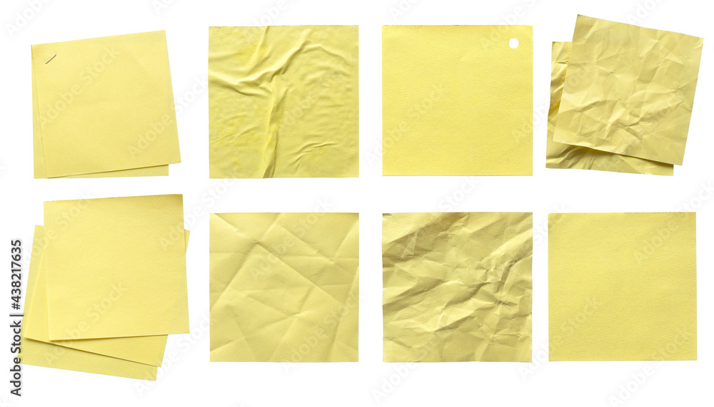 Variety of yellow paper note memo isolated on white background. Copy ...