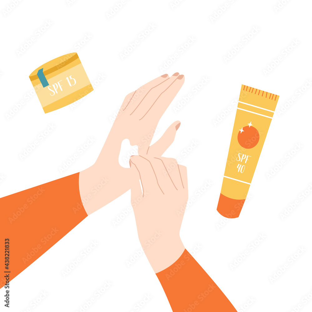 Female applying sunscreen product on hand skin. Sunblock lotion, oil ...