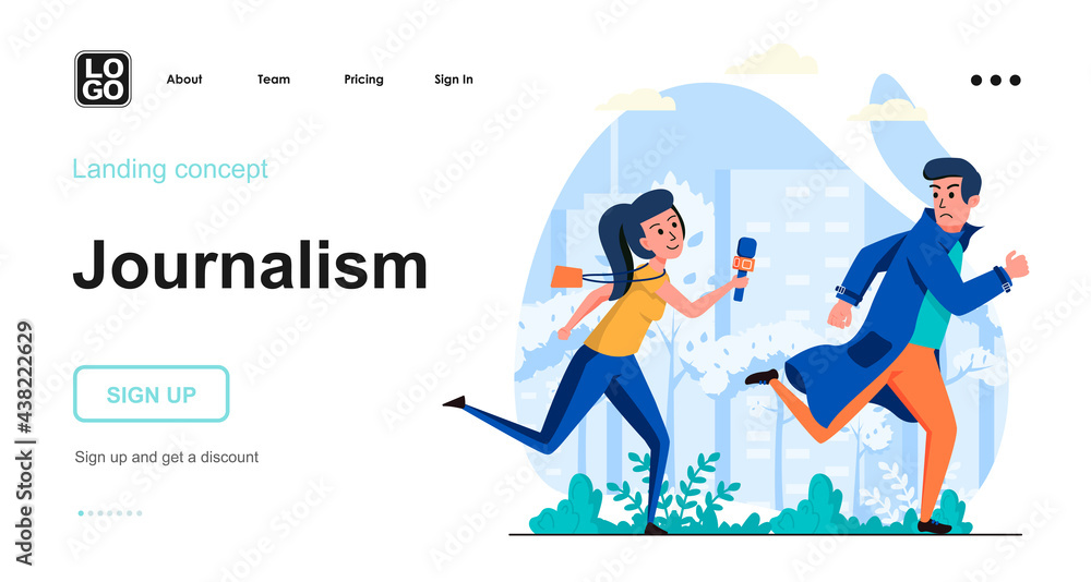 Journalism web concept. Woman journalist running for man to interview ...