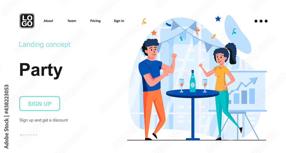 Corporate party web concept. Man and woman employees celebrate holiday ...