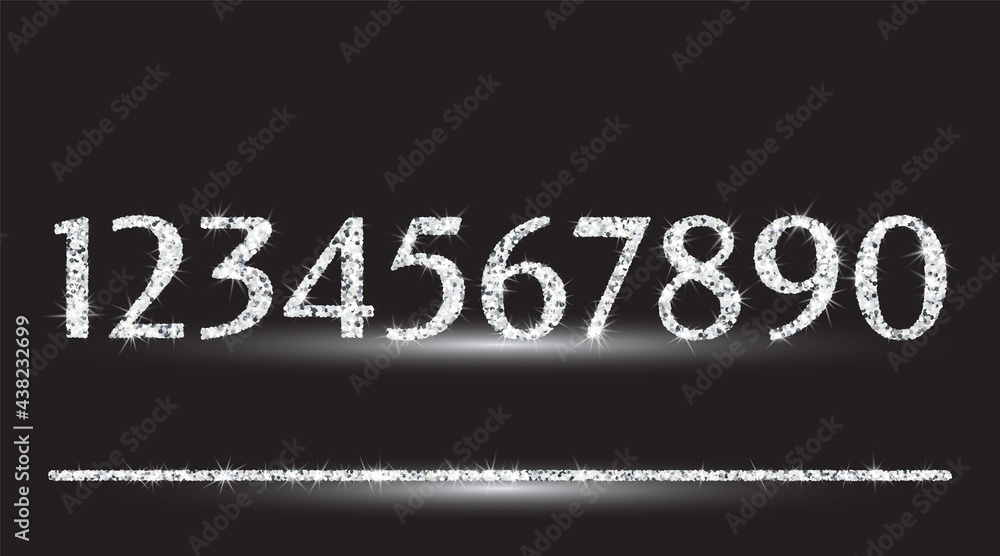 Realistic shining silver glitter numbers 1, 2, 3, 4, 5, 6, 7, 8, 9, 0 ...