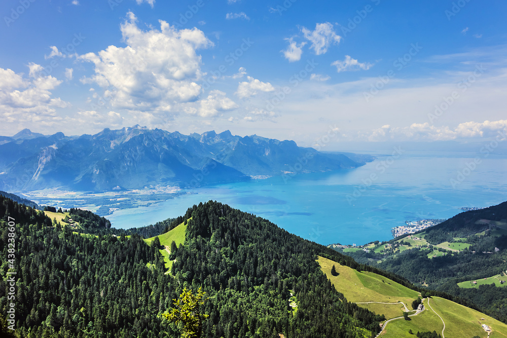 Picturesque views of the Alps and Lac Leman (Lake Geneva) from the pass ...