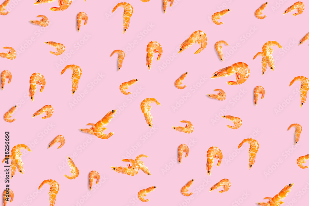 Tiger shrimp. Seafood background made from Prawns isolated on a pink ...