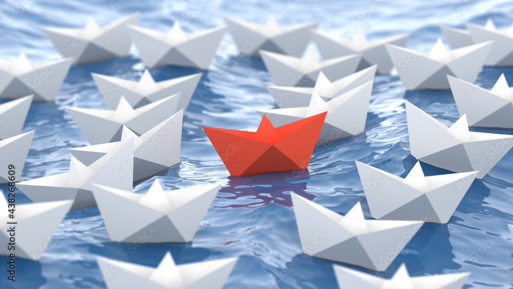 Leadership concept, red leader boat, standing out from the crowd of ...