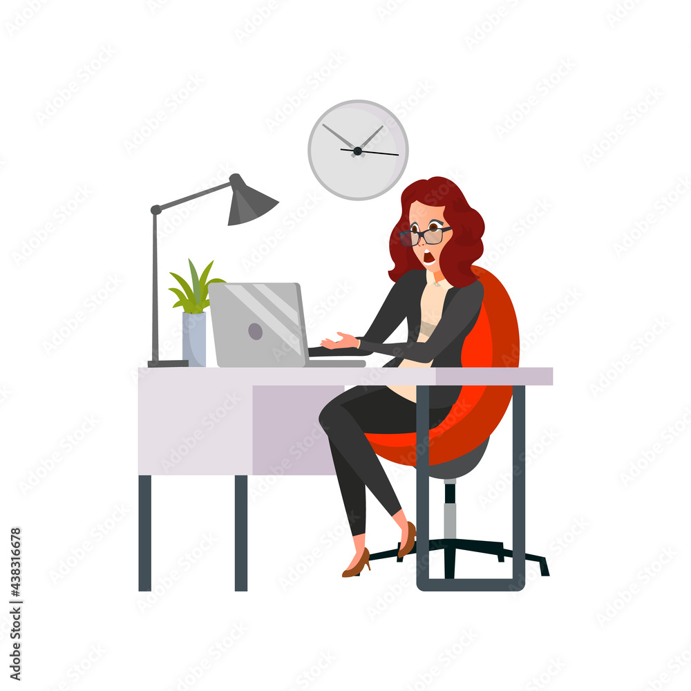 woman shocking from broken computer in office cartoon vector. woman ...