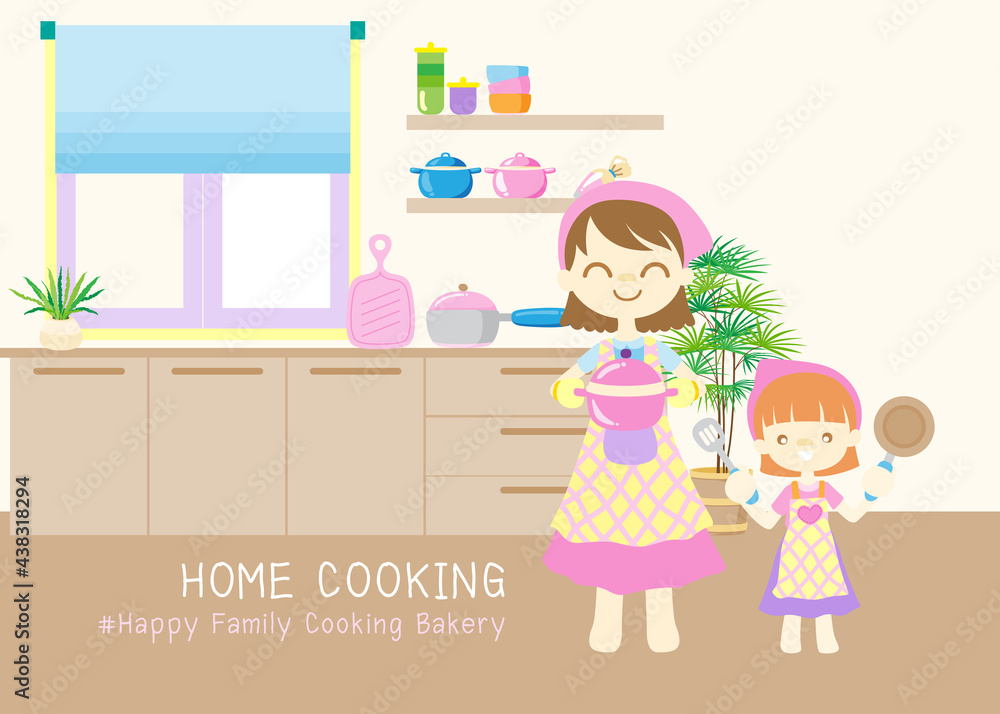 Happy Family Cooking Bakery and Food In The Kitchen Together, vector ...