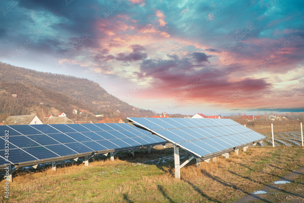 photovoltaic solar power panel on sky background, green clean ...