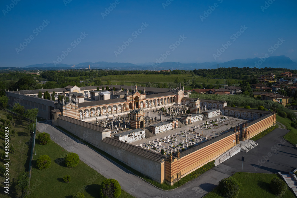 Traditional Italian cemetery, Cimitero di Pozzolengo, aerial view. Top ...