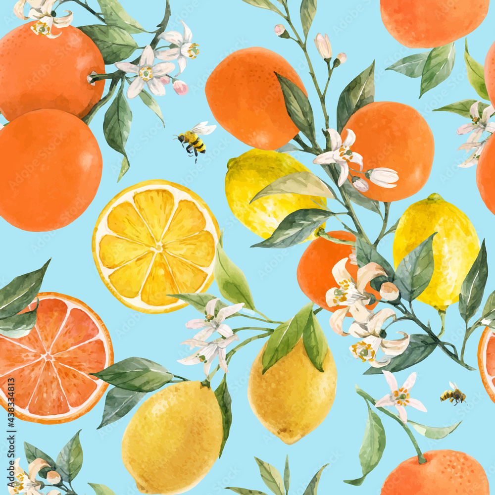 Beautiful vector seamless pattern with watercolor hand drawn citrus orange lemon grapefruit ...