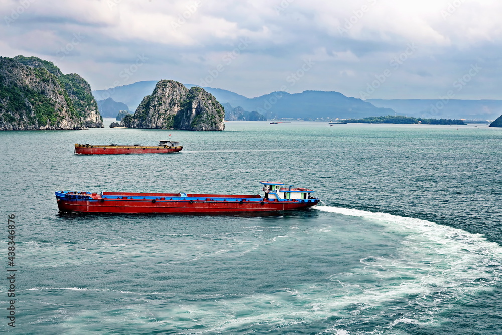 Seagoing vessels, barges, tugboats and small boats at the roadstead of ...
