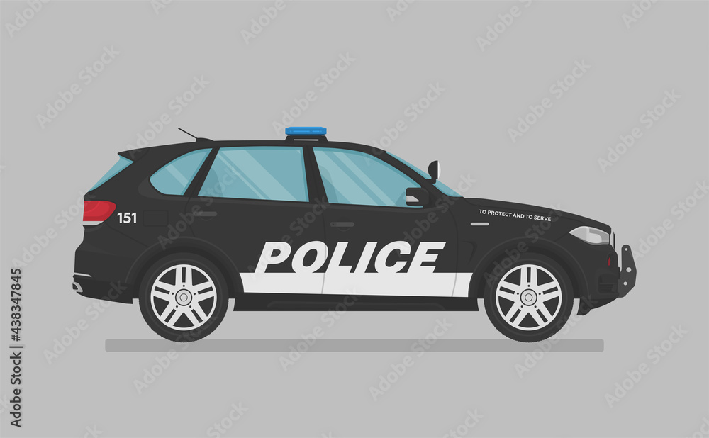 American police car. Side view. Cartoon flat illustration, auto for ...