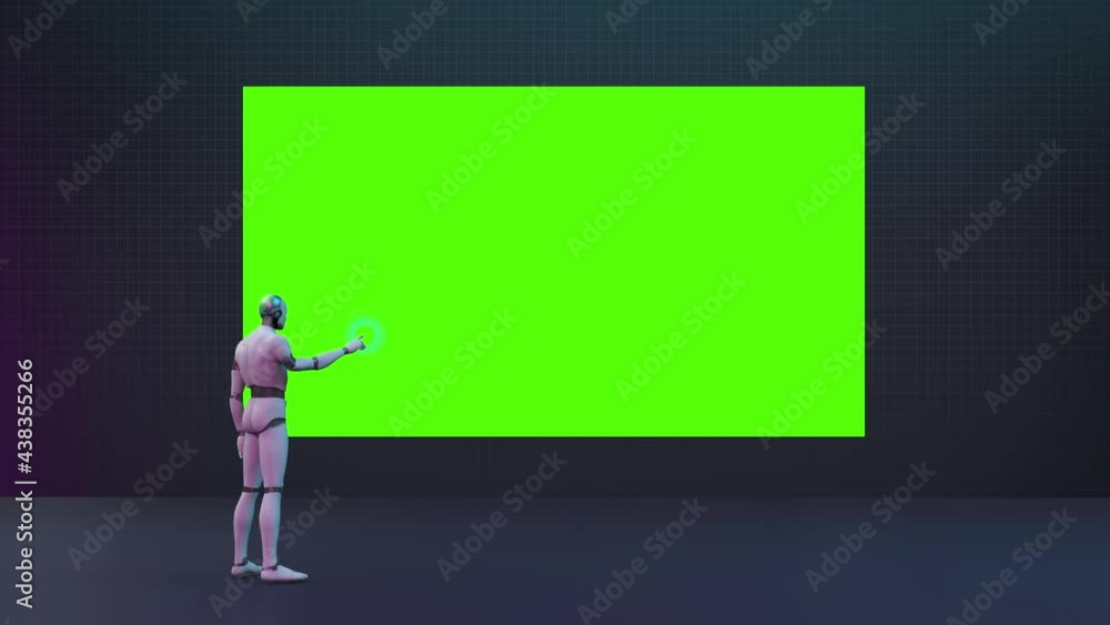 Artificial intelligence humanoid robot giving a presentation. green ...