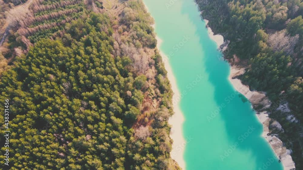 Artificial lake in a chalk quarry. Amazing industrial landscape. Drone ...