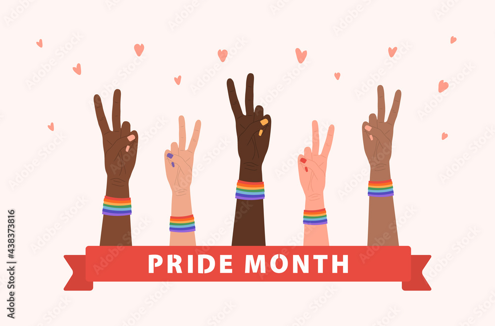 Female hand in peace gesture with rainbow bands. Happy Pride Month ...