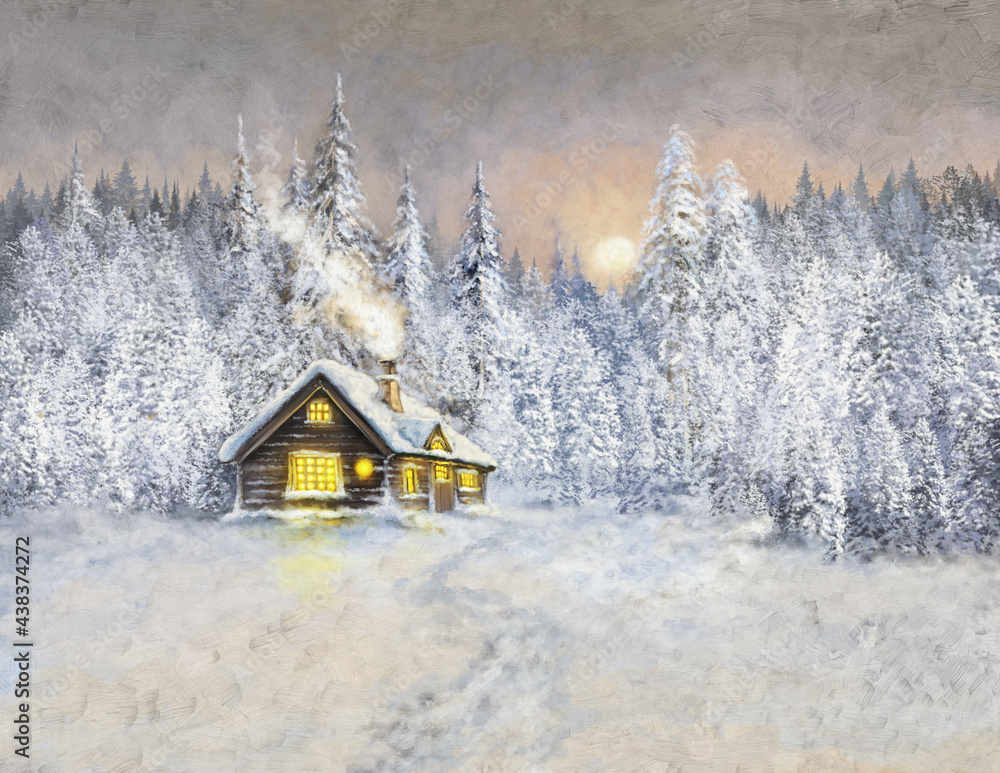 Oil paintings rural landscape, house in the snow. Winter sunset in ...