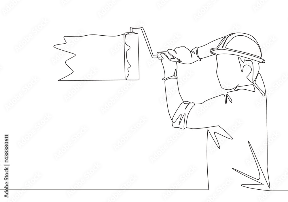 Single continuous line drawing of young handyman painting house wall ...
