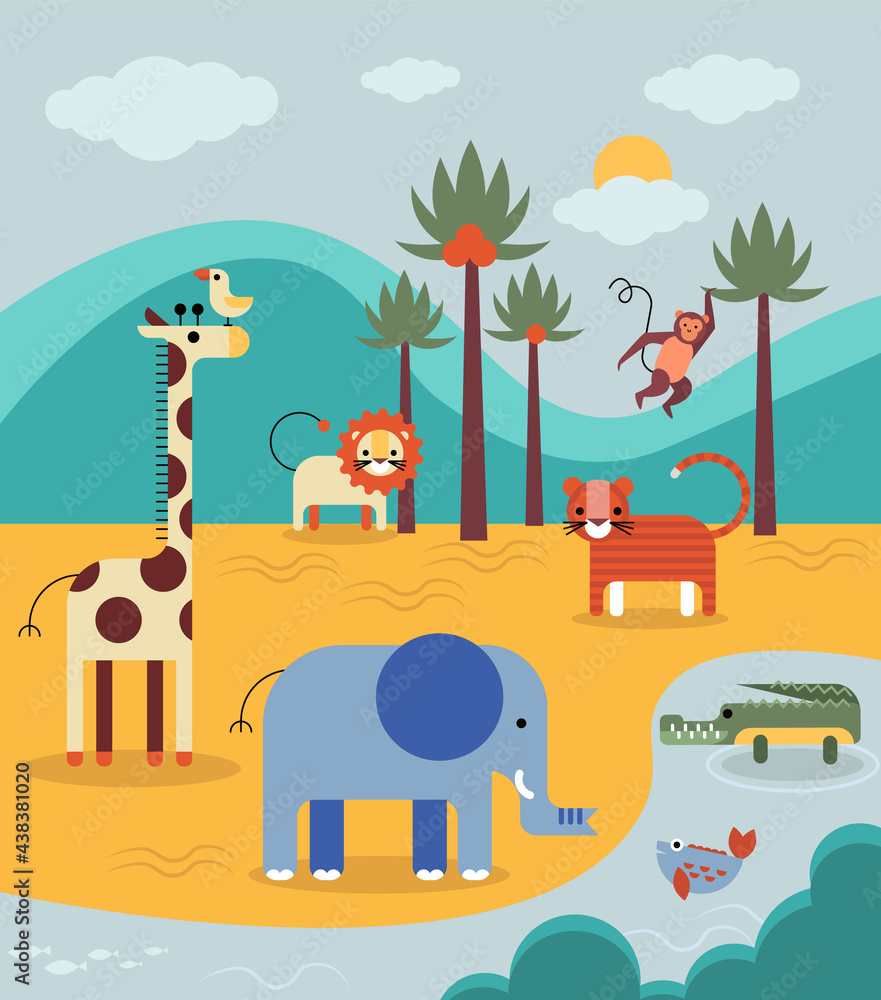 Wild animals with landscape - cute cartoon vector illustration of ...