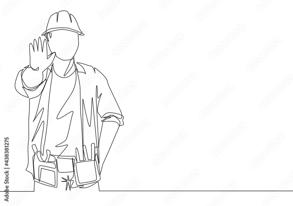 Vettoriale Stock One continuous line drawing of young handyman lift his ...