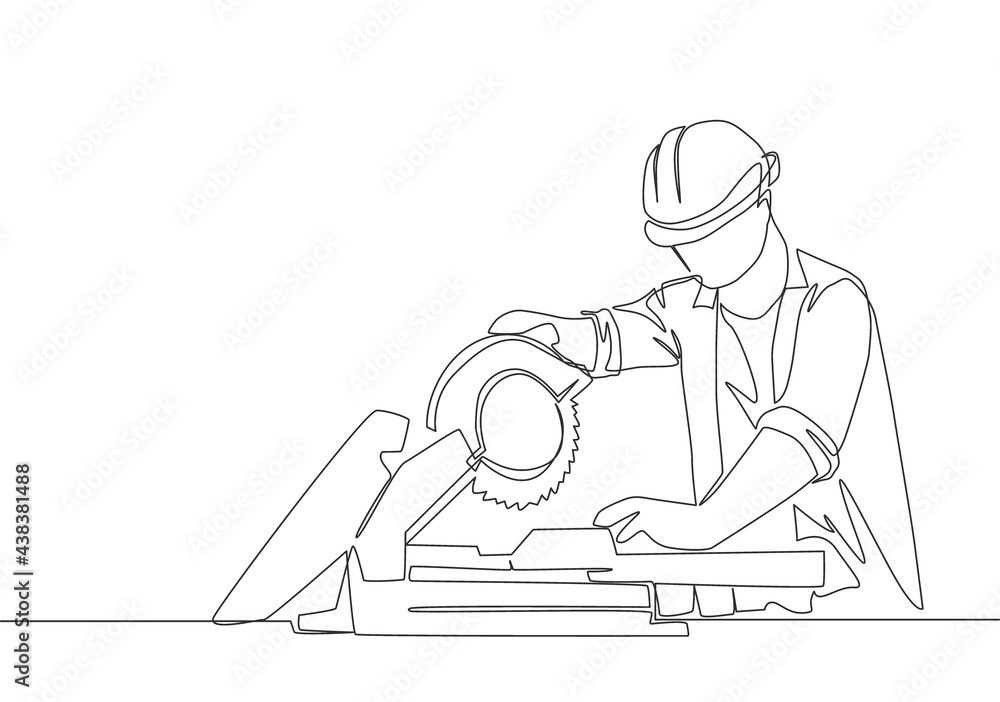 Single continuous line drawing of young attractive woodworker cutting ...