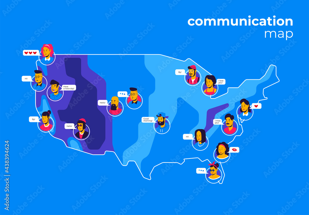 Vector illustration map of communication with avatars of users with ...