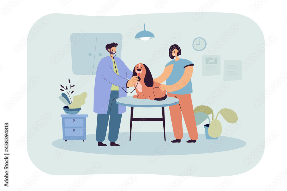 Veterinarian examining cute dog in clinic. Cartoon doctor with animal ...