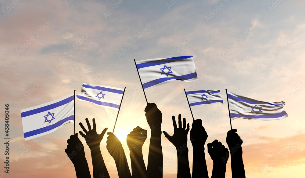 Silhouette of arms raised waving an Israel flag with pride. 3D ...
