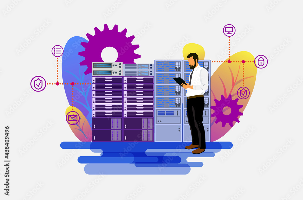 Data center web concept. Datacenter with equipment, man works in server ...