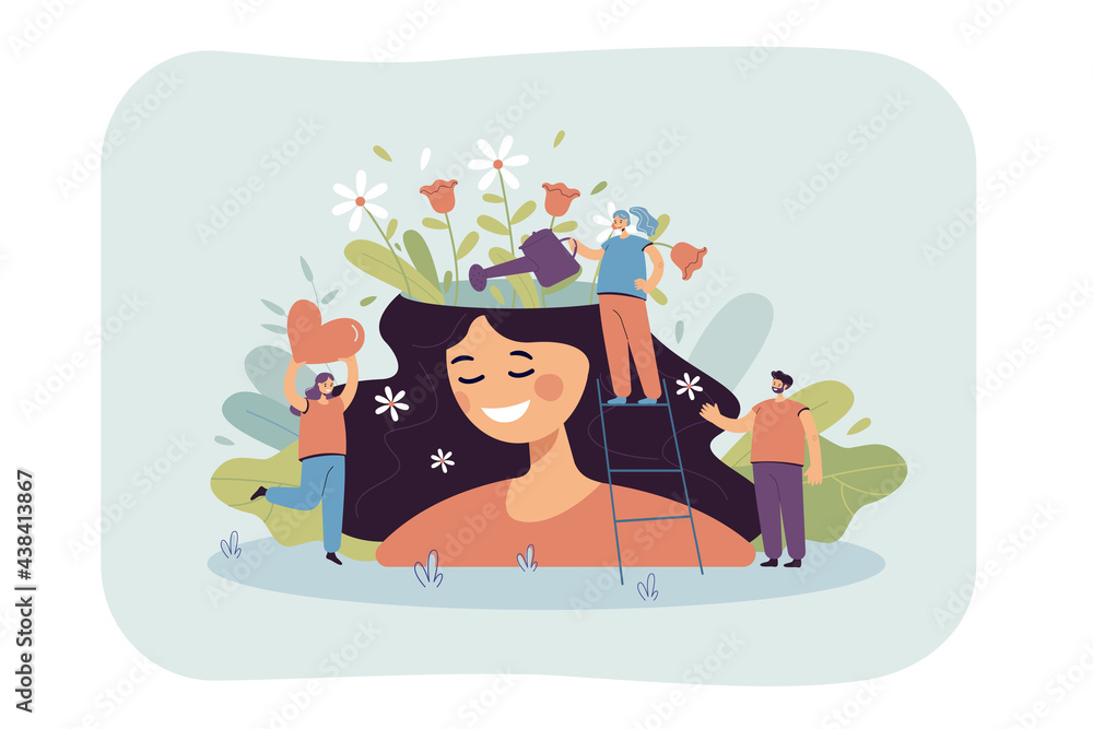 Happy girl with beautiful mind. Cartoon character watering flowers in ...