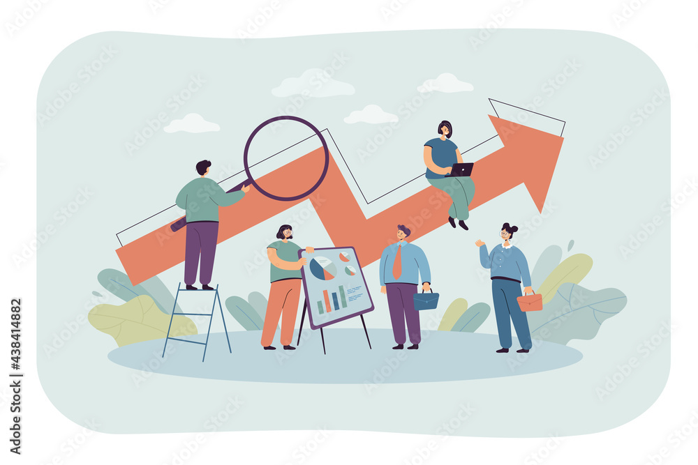 Cartoon office people with up arrow. Team advertising business ...