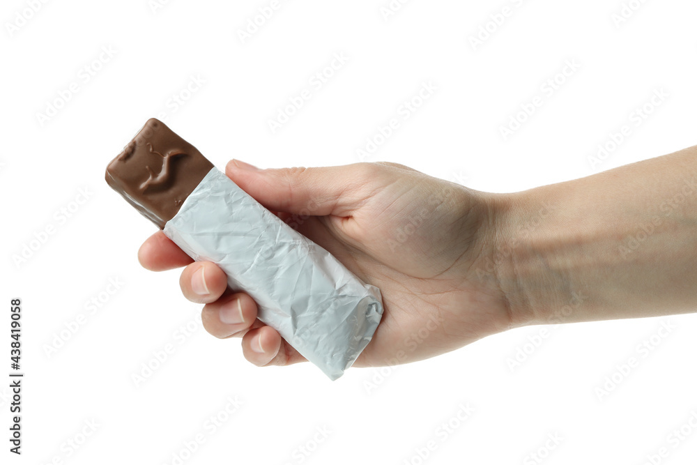 Female hand holds candy bar, isolated on white background Stock Photo ...