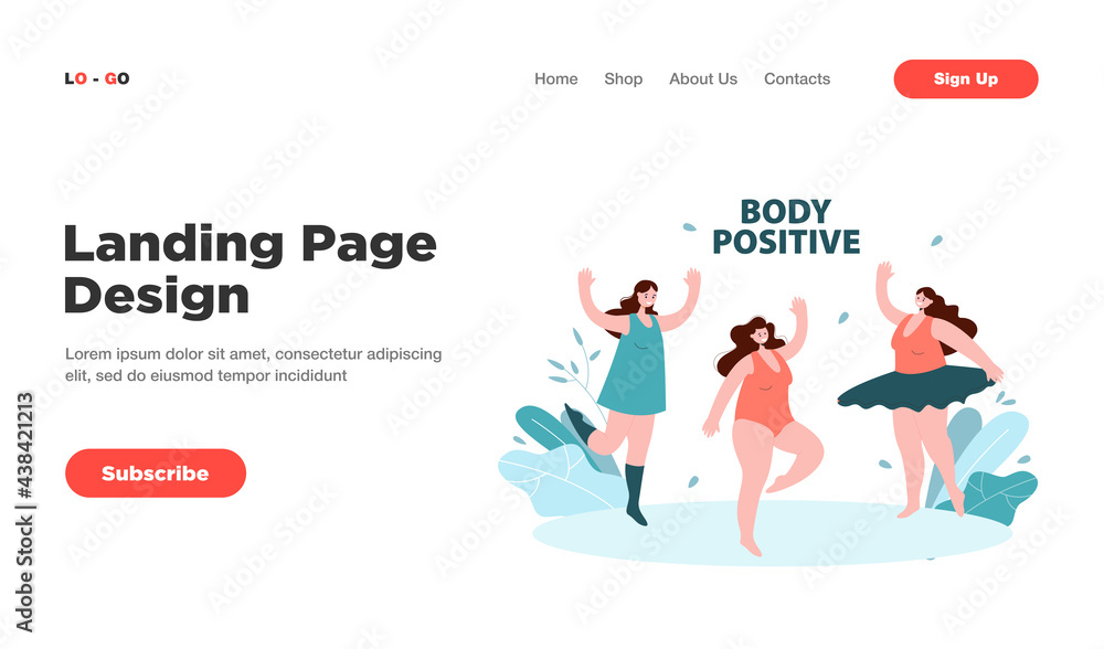 Positive plus size women in bikini and swimsuit dancing. Flat vector ...