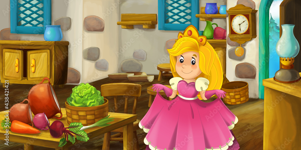 cartoon house interior kitchen on farm with princess Stock Illustration ...