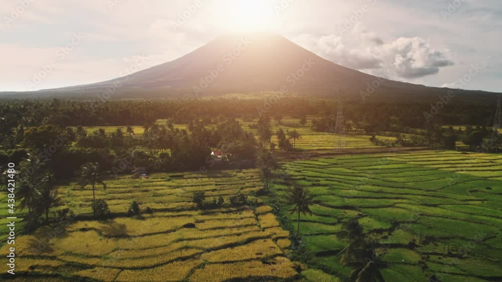 Video Stock Aerial green rice terrace volcano mountain in sunset. Mayon ...