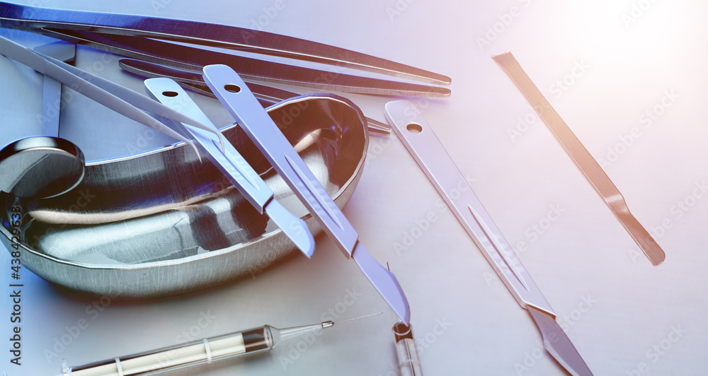 medical surgical tools on the table, medical device background render ...