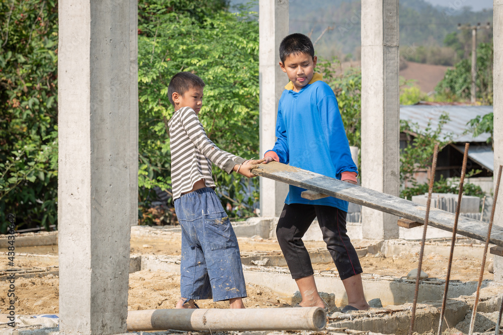 Children working at construction site for world day against child labor ...